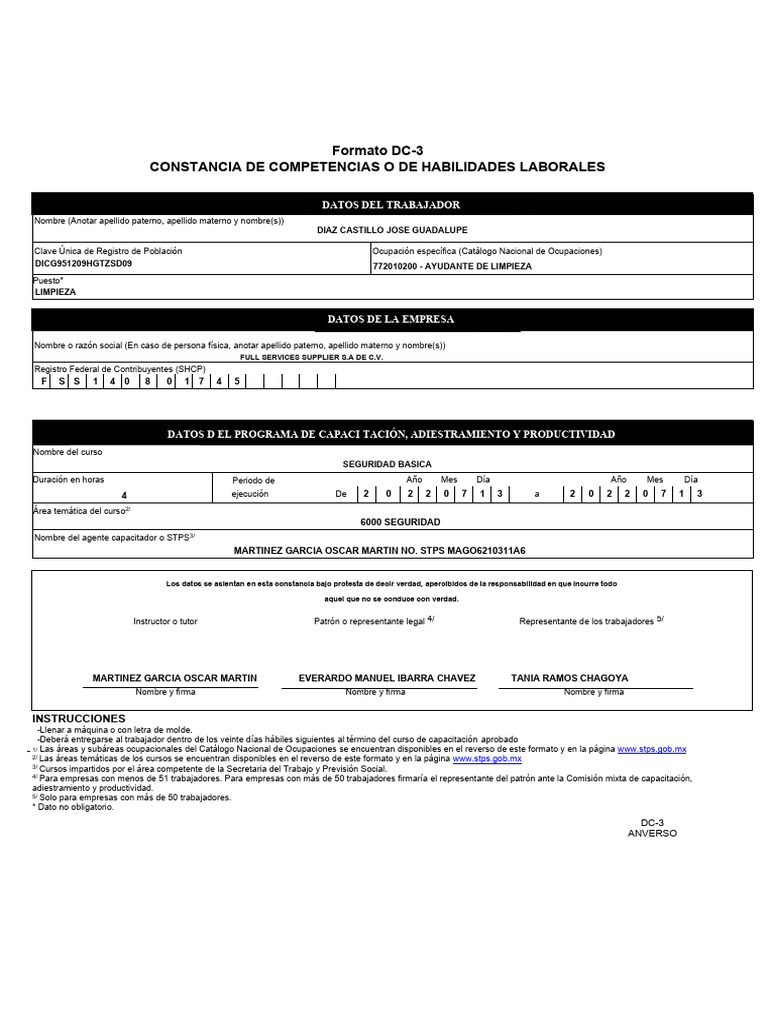 DC3 - Anverso JOSE GUADALUPE | PDF