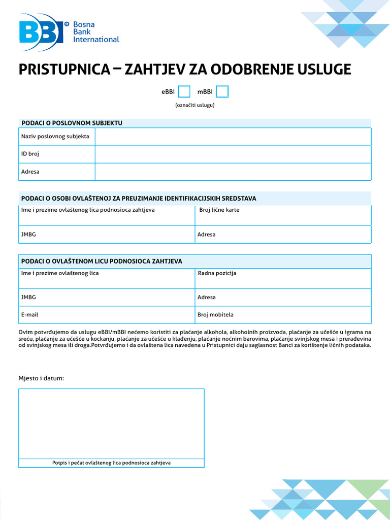 TABELA Pristupnica - Zahtjev Za Odobrenje eBBI mBBIusluge 2023 | PDF