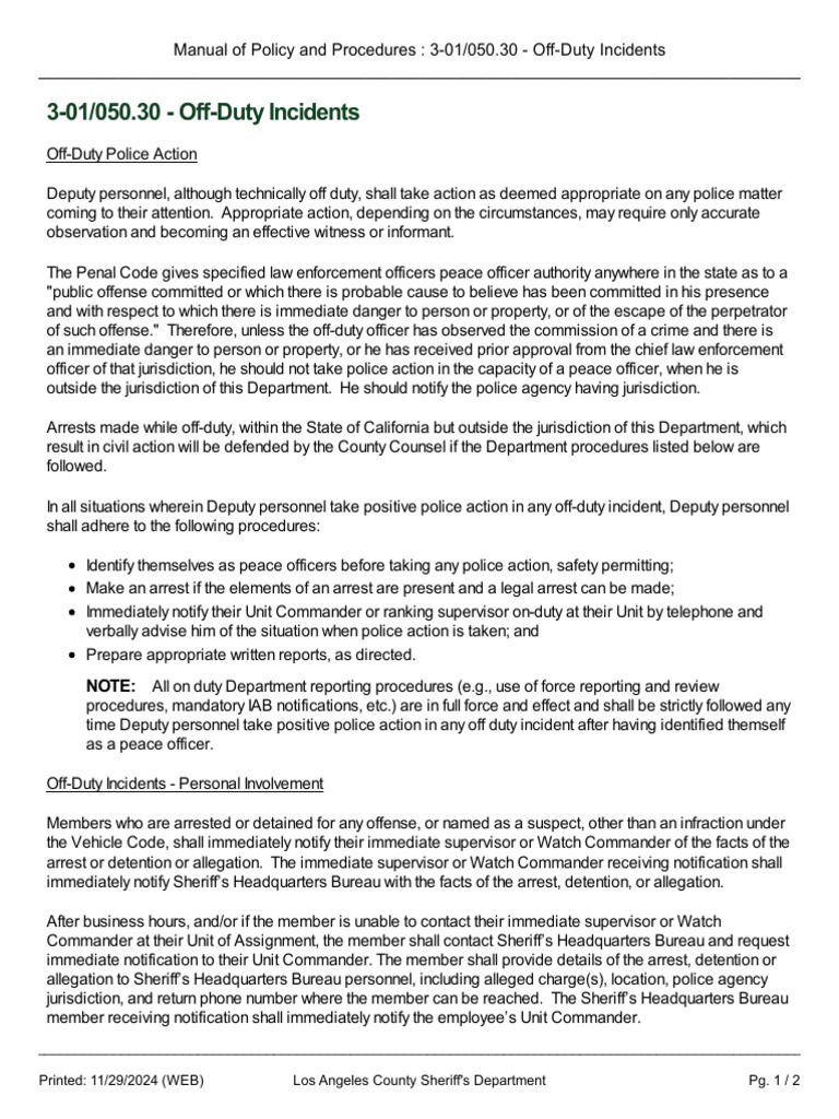 Manual of Policy and Procedures 3-01-050.30 - Off-Duty Incidents - 11 ...