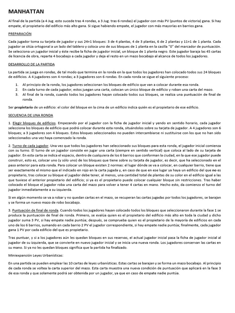 ResumenReglas Manhattan | PDF | Juego de azar | Juegos de mesa