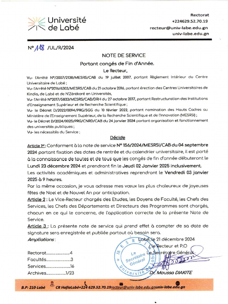 Note de Service Congé de Fin D'année | PDF