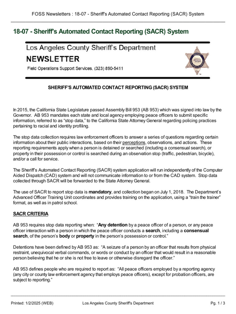 FOSS Newsletters 18-07 - Sheriff's Automated Contact Reporting (SACR ...