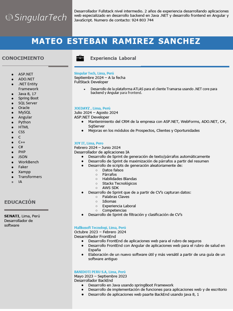 Cv-Mateo Esteban Ramirez-Singular Tech | PDF | Aplicación web | Mi sql