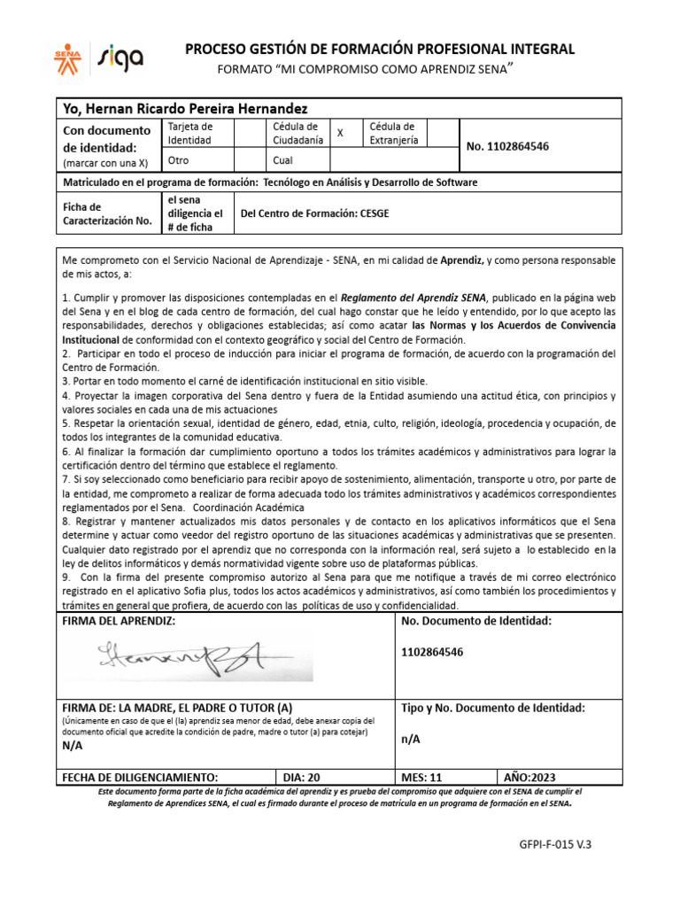 Compromiso Aprendiz SENA: Reglas y Deberes | PDF | Documento de identidad