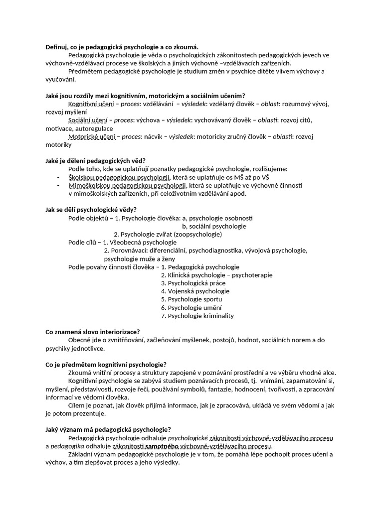 Pedagogická Psychológia - Vypracované Otázky (Zadania-Seminarky - SK) | PDF