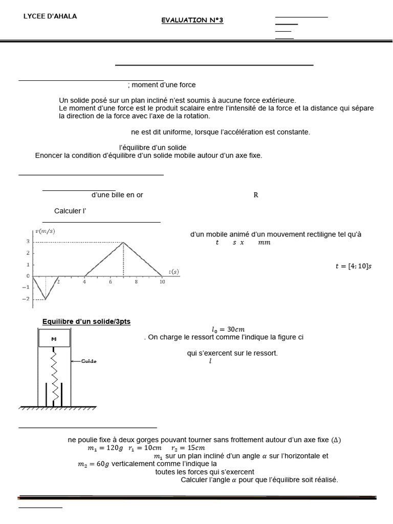 EVALUATION 3 Seconde C AHALA | PDF | Moment d'une force | Cinématique