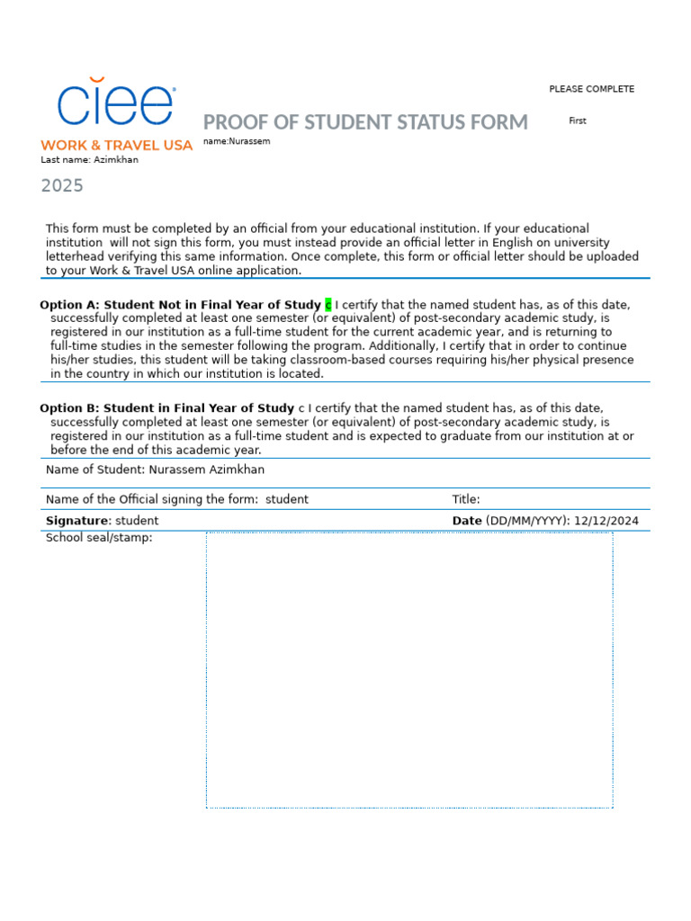 Proof of Student Status Form Guide | PDF