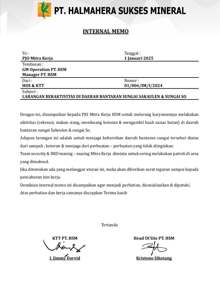 Internal Memo Larangan Melakukan Aktivitas Di Sungai Sakeulen Sungai Soe | PDF