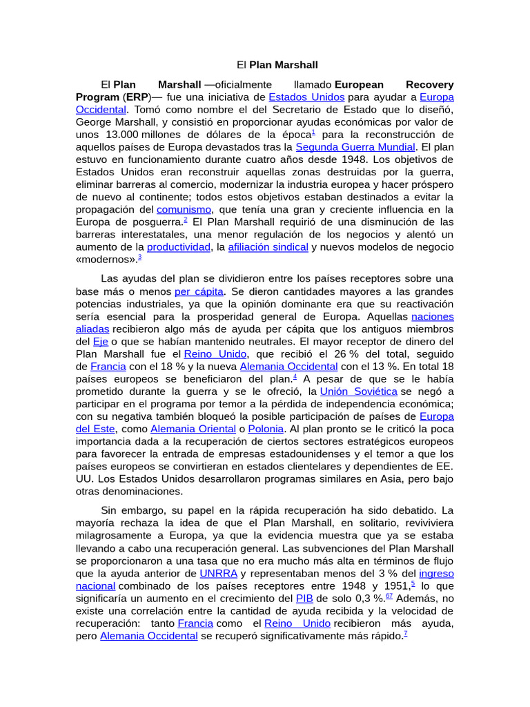 Impacto y Controversias del Plan Marshall | PDF | plan Marshall | Unión ...