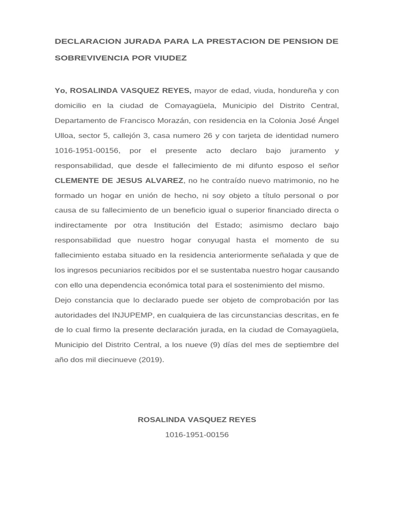 DECLARACION JURADA PARA LA PRESTACION DE PENSION DE SOBREVIVENCIA POR ...