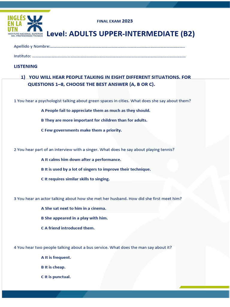 2023 B2 Adults Final Exam Guide | PDF