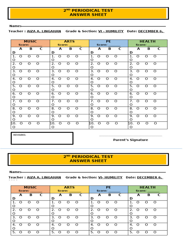 MAPEH ANSWER SHEET | PDF | Aberturas (xadrez) | Xadrez