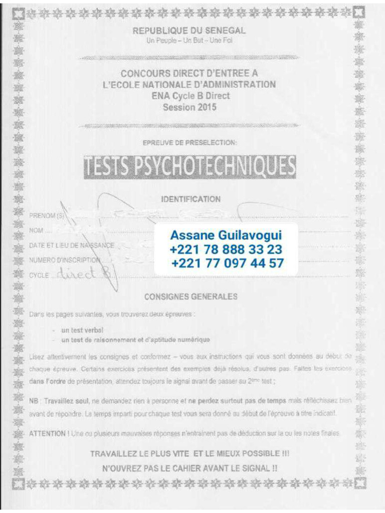 Tests Psychotechniques ENA Cycle B 2015 | PDF