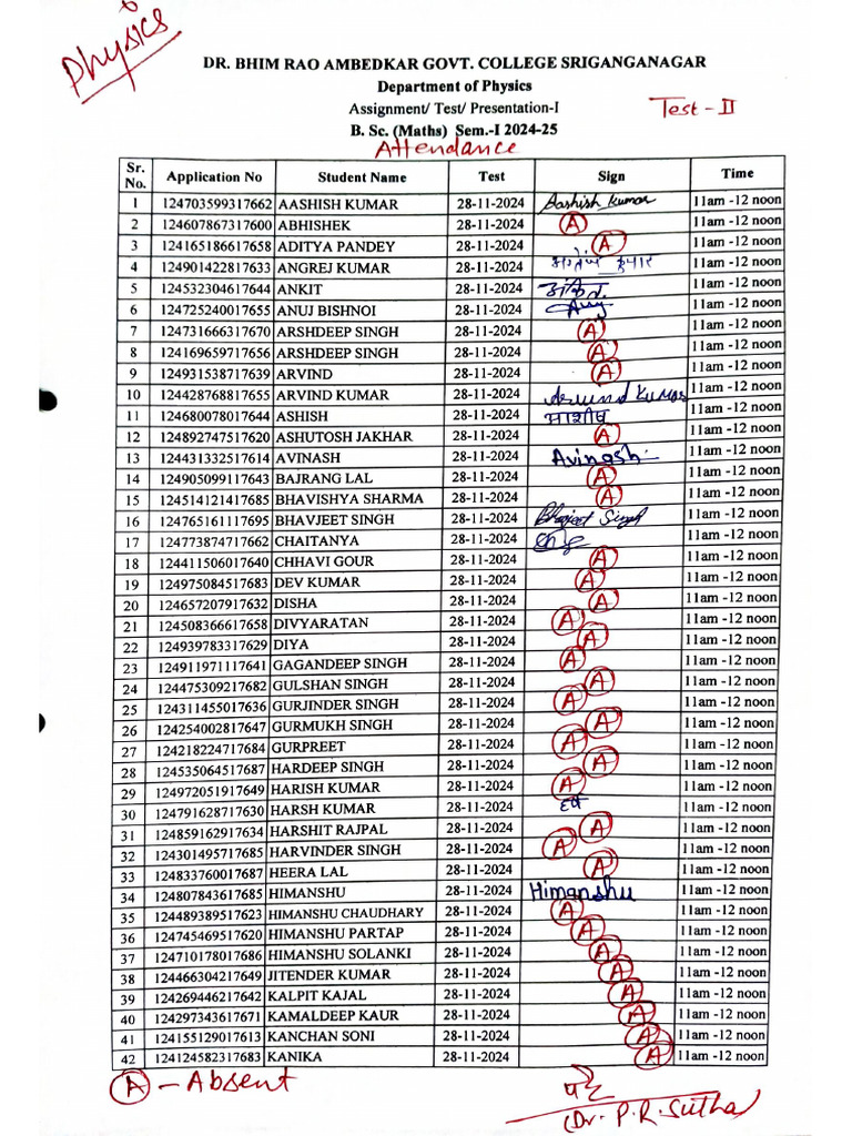 Attendance II Test Physics 28 Nov 25 | PDF