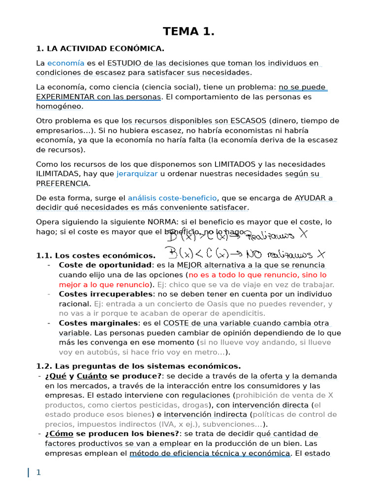 Tema 1 - Aspectos Básicos de La Actividad Económica | PDF | Mercado (economía) | Ciencias económicas