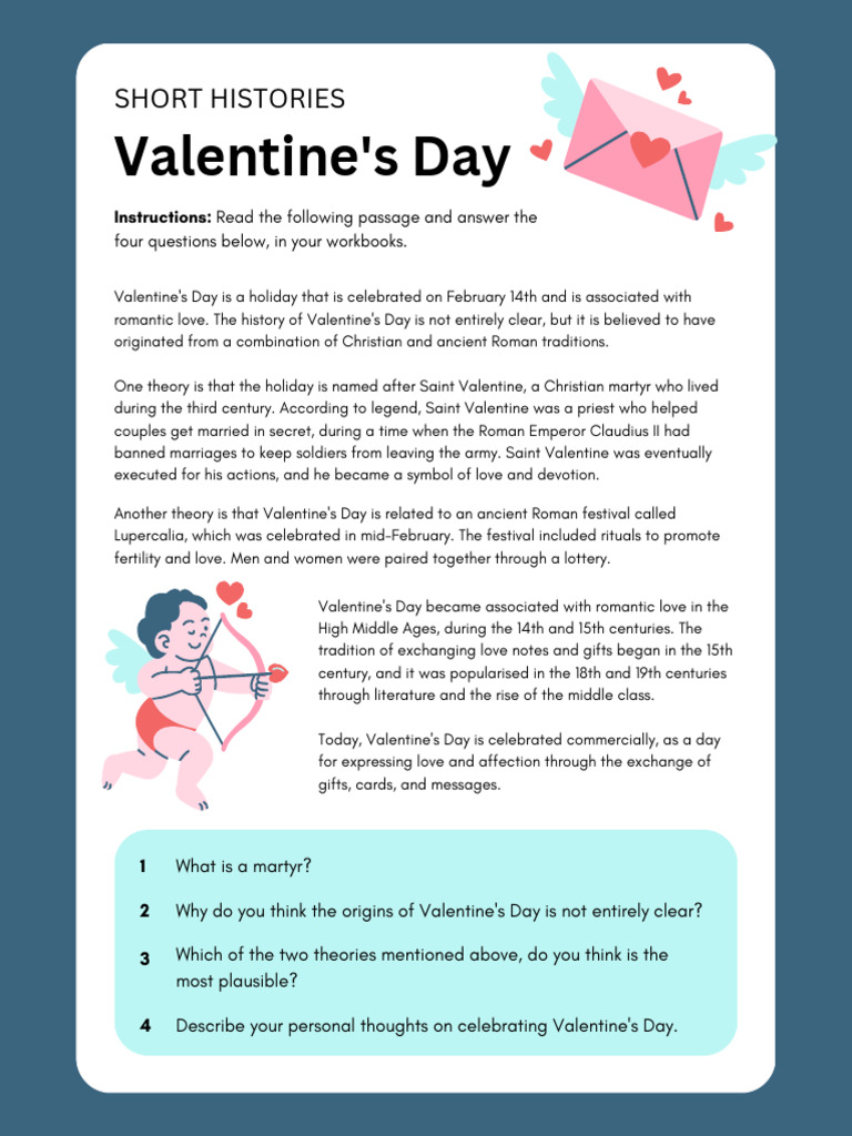 Blue Valentines Day Reading Comprehension Worksheet | PDF