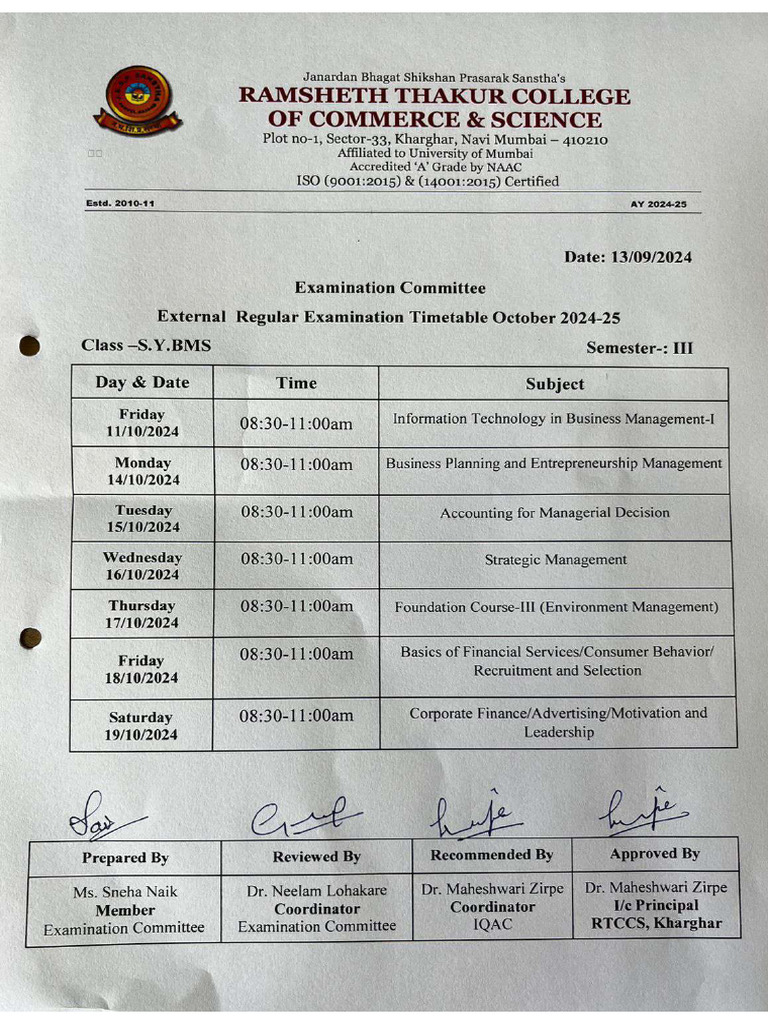 Regular External exam time table SEM III | PDF