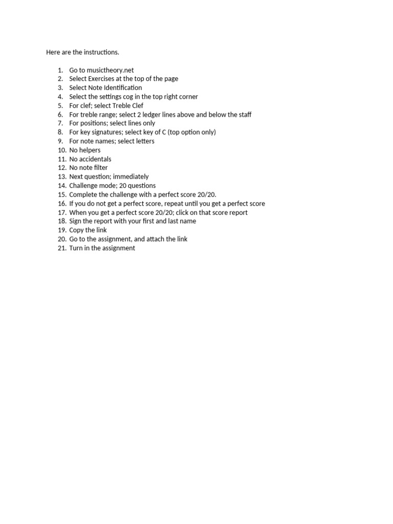 Instructions For Treble Clef Lines Assignment | PDF