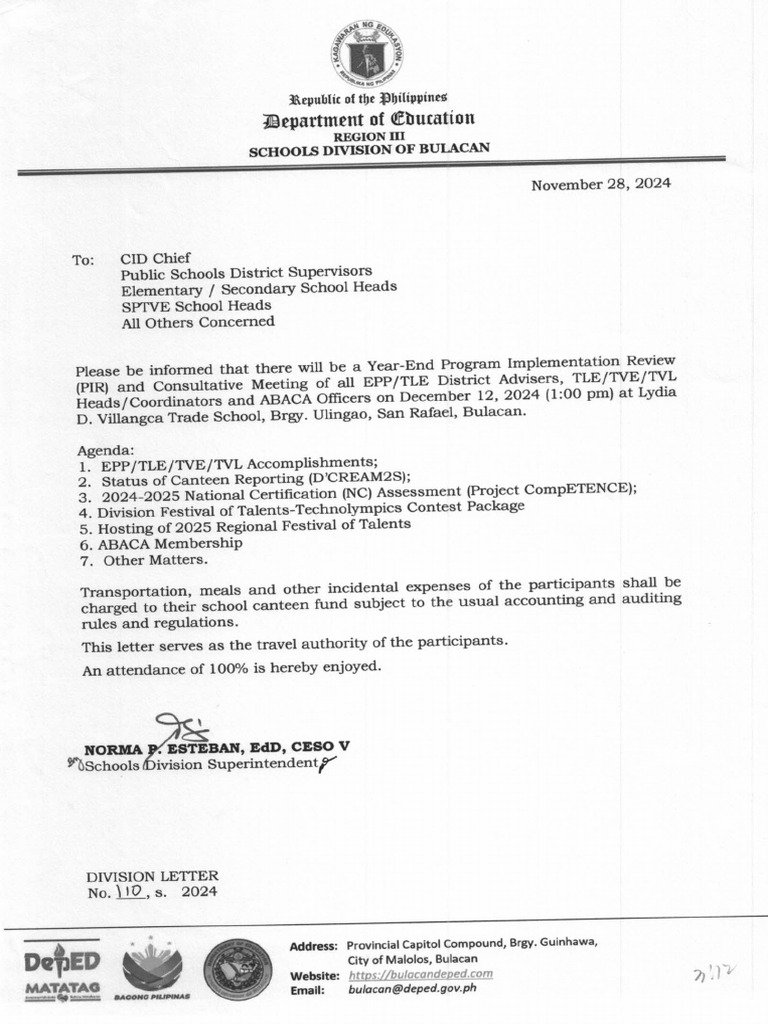 Division Letter No 110 S 2024 | PDF