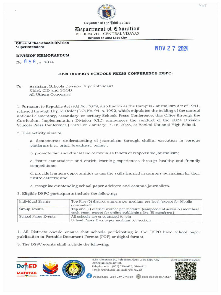 DM No. 656, S. 2024 - 2024 Division Schools Press Conference (DSPC) | PDF