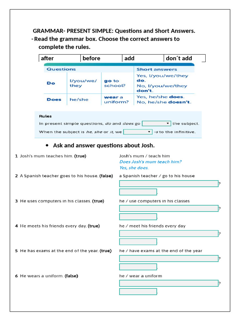 GRAMMAR Simple Present Questions and Short Answer | PDF