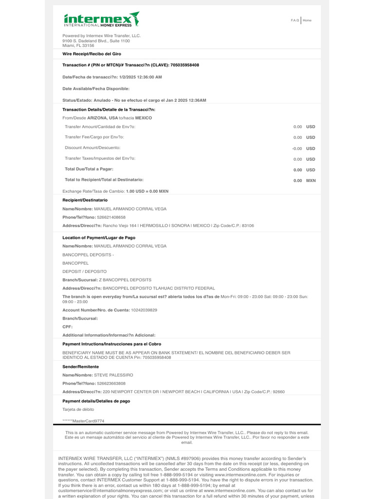 Recibo de Transferencia Intermex 705035958408 | PDF | Economía pública ...
