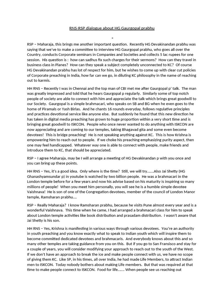 RNS-RSP Dialogue About HG Gaurgopal Prabhu | PDF