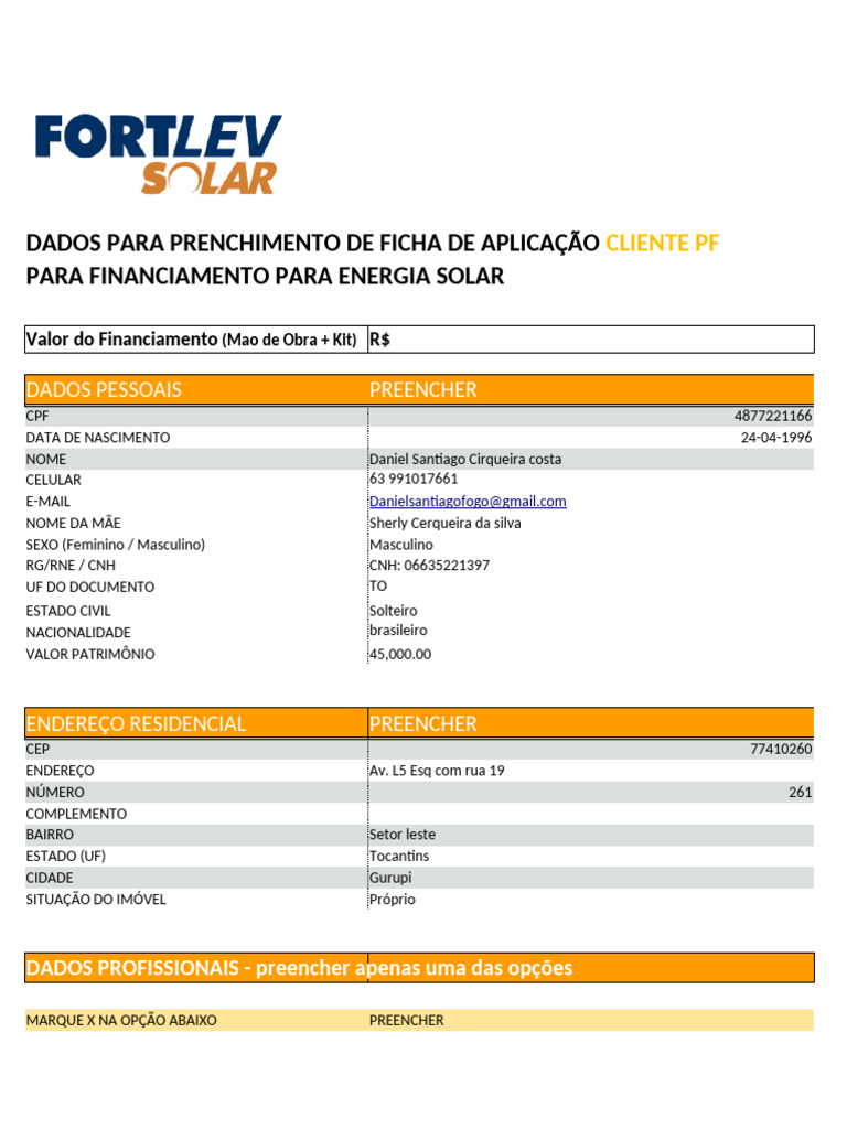Ficha de Financiamento - ForTLEV SOLAR | PDF | Dirigir