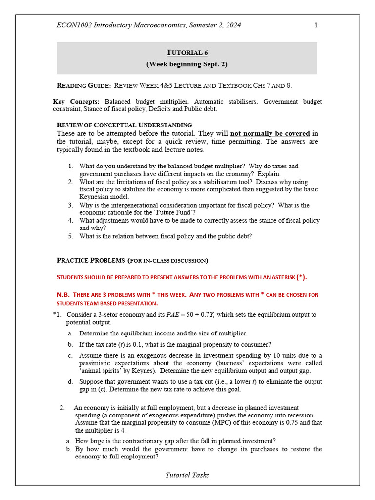 Tutorial for economics | PDF | Fiscal Policy | Fiscal Multiplier