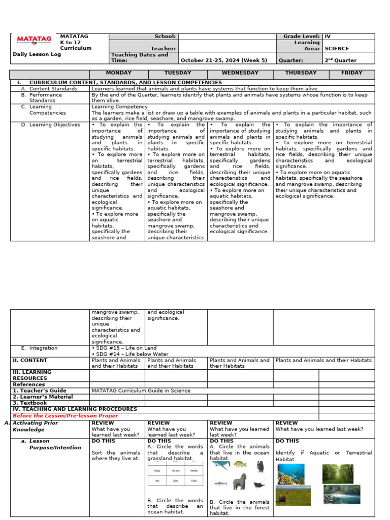 MATATAG DLL WEEK 5 SCIENCE G4 q2 | PDF | Habitat | Biodiversity
