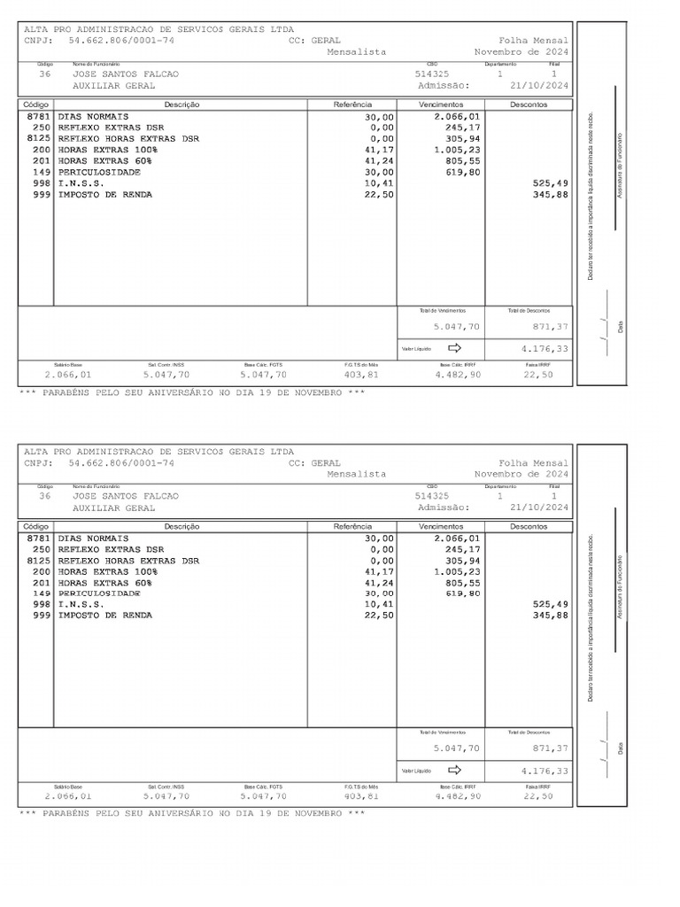 Jose Santos Falcao_HOLERITE 11_2024 | PDF