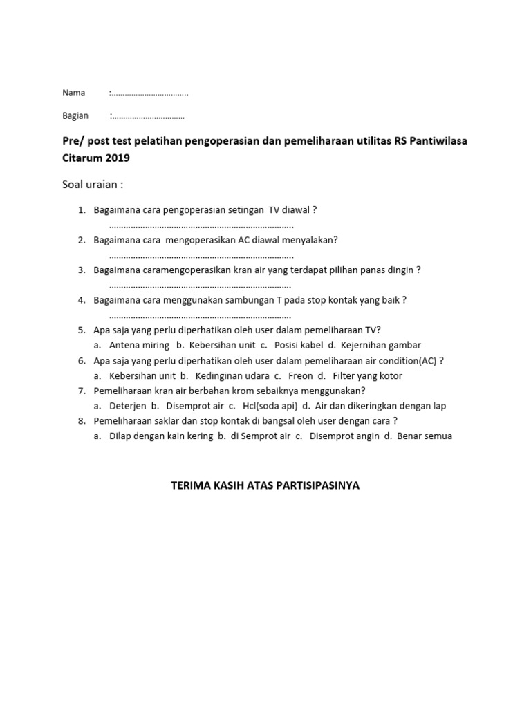 PRE POST TEST Evaluasi Pengoperasian Utilitas2019 | PDF
