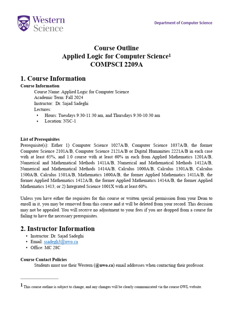 Course Outline CS 2209A-Fall 2024 | PDF | First Order Logic ...