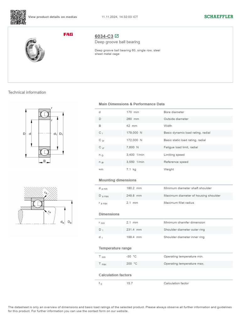 6034-C3 Deep Groove Ball Bearing Specs | PDF