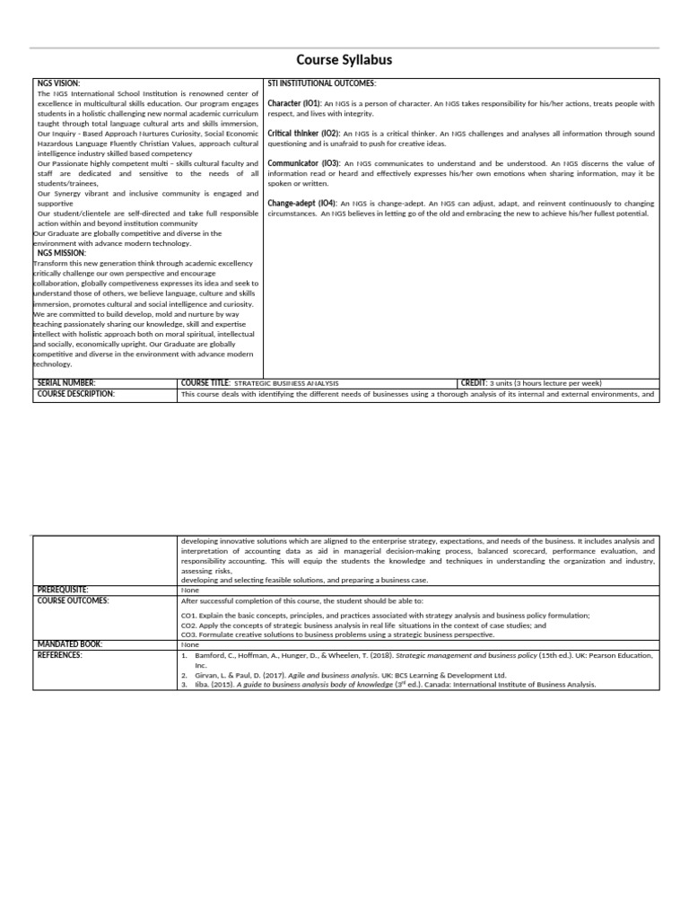 Strategic Business Analysis Course Syllabus | PDF | Policy | Strategic ...