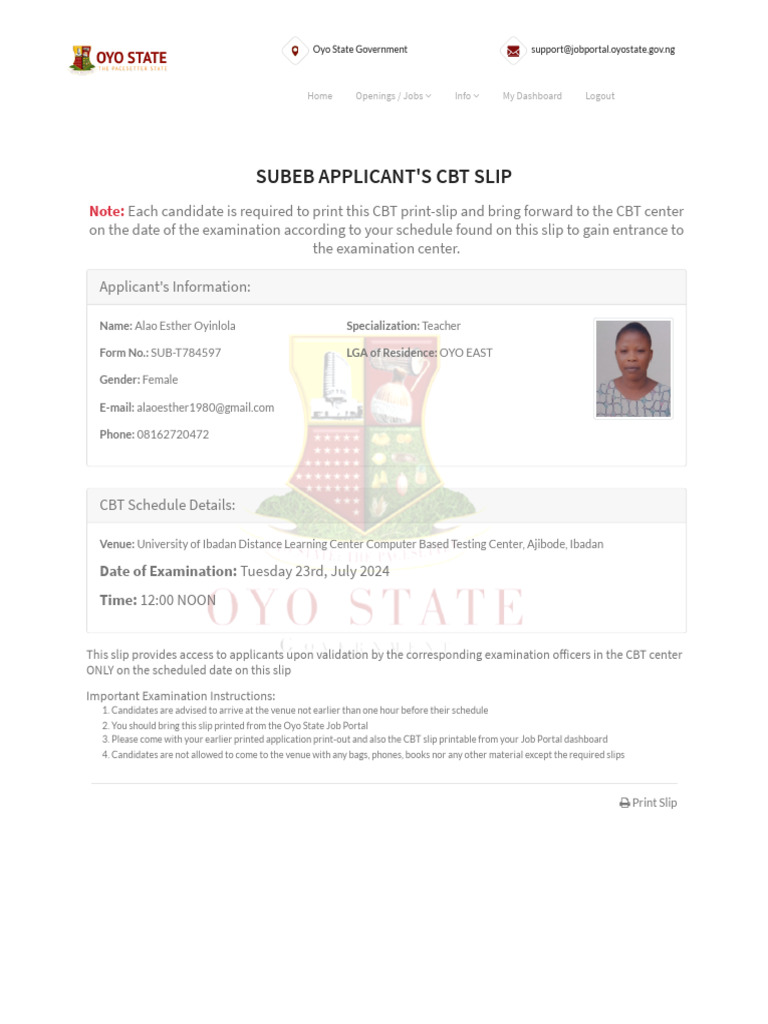 SUBEB CBT Examination Slip Instructions | PDF