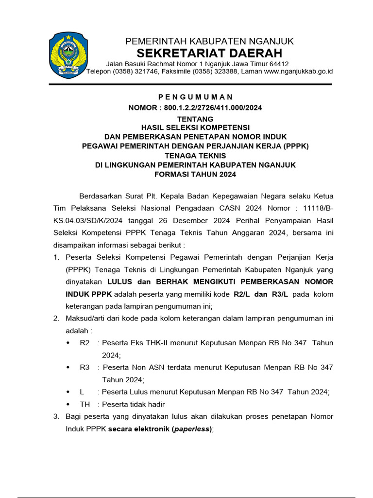 Pengumuman Hasil Kelulusan & Pemberkasan PPPK Tenaga Teknis 2024 | PDF