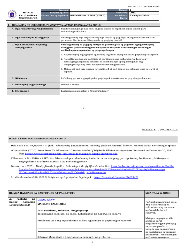 DLL Matatag - GMRC 4 Q3 W3 | PDF