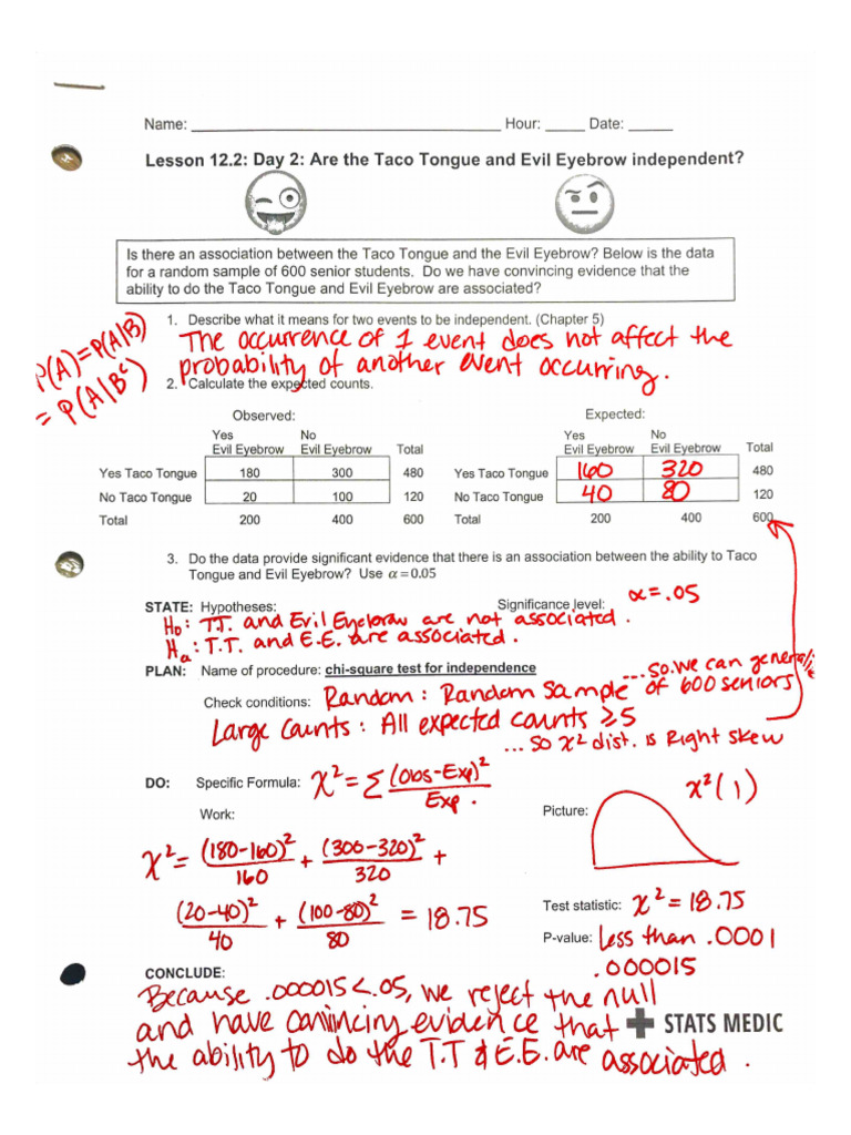 Stats Medic - AP Stats - Lesson 12.2 Day 2 - Answer Key | PDF