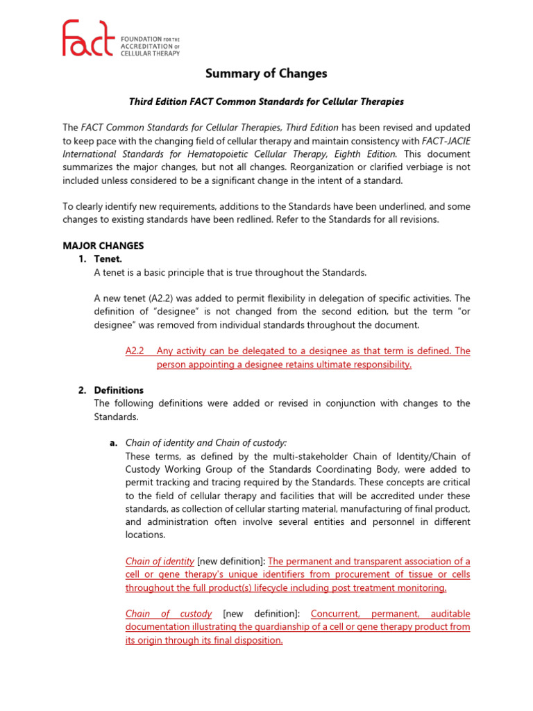 FACT Standards Update for Cellular Therapies | PDF | Cell Therapy ...