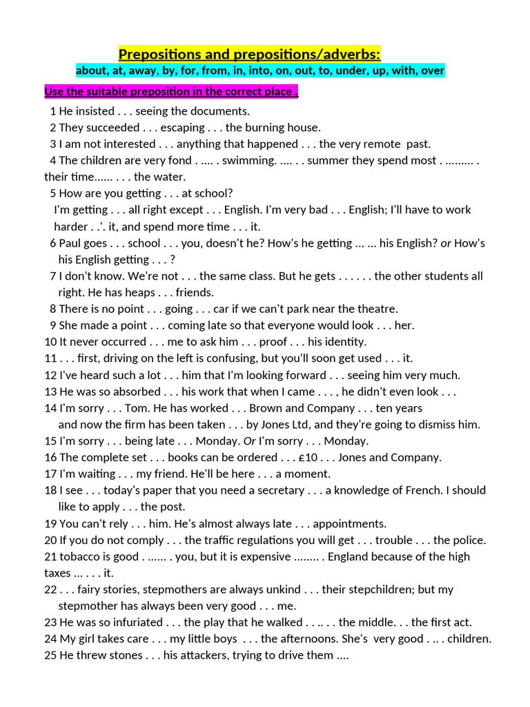 Preposition Preposition Adverbs Grammar Drills 58224 | PDF