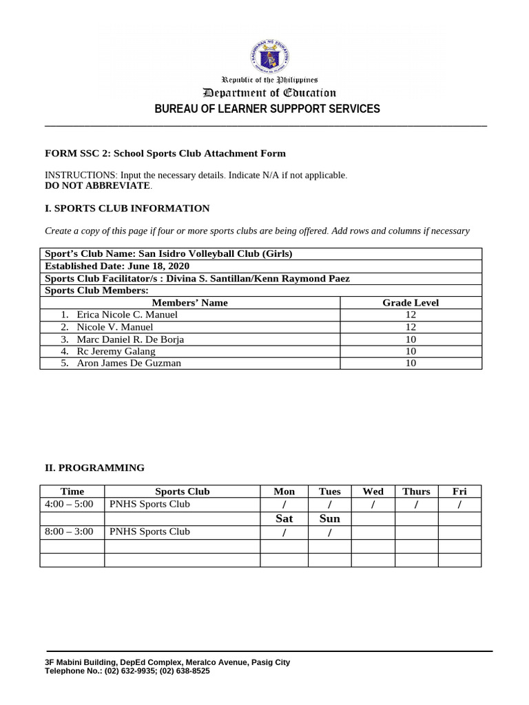 School Sports Club Attachment Form | PDF
