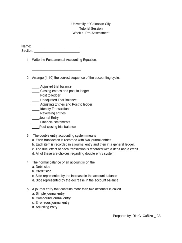Accounting Basics Pre-Assessment Quiz | PDF