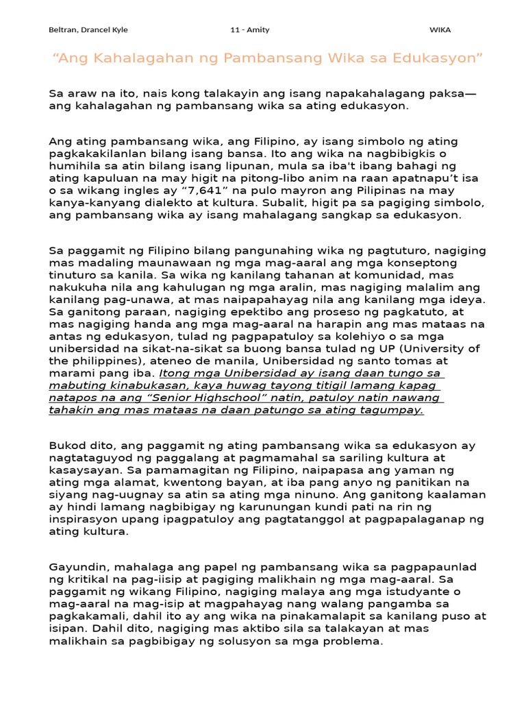 Ang Kahalagahan NG Pambansang Wika Sa Edukasyon | PDF
