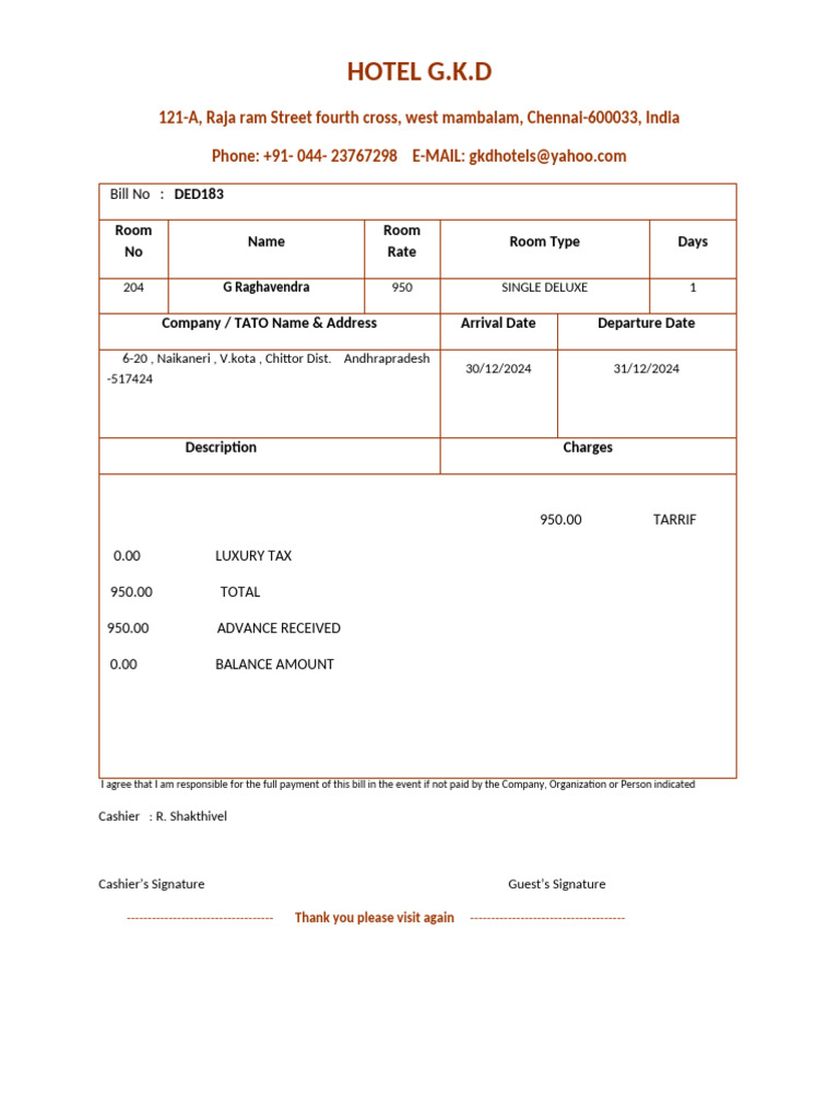 Chennai Hotel Bill | PDF