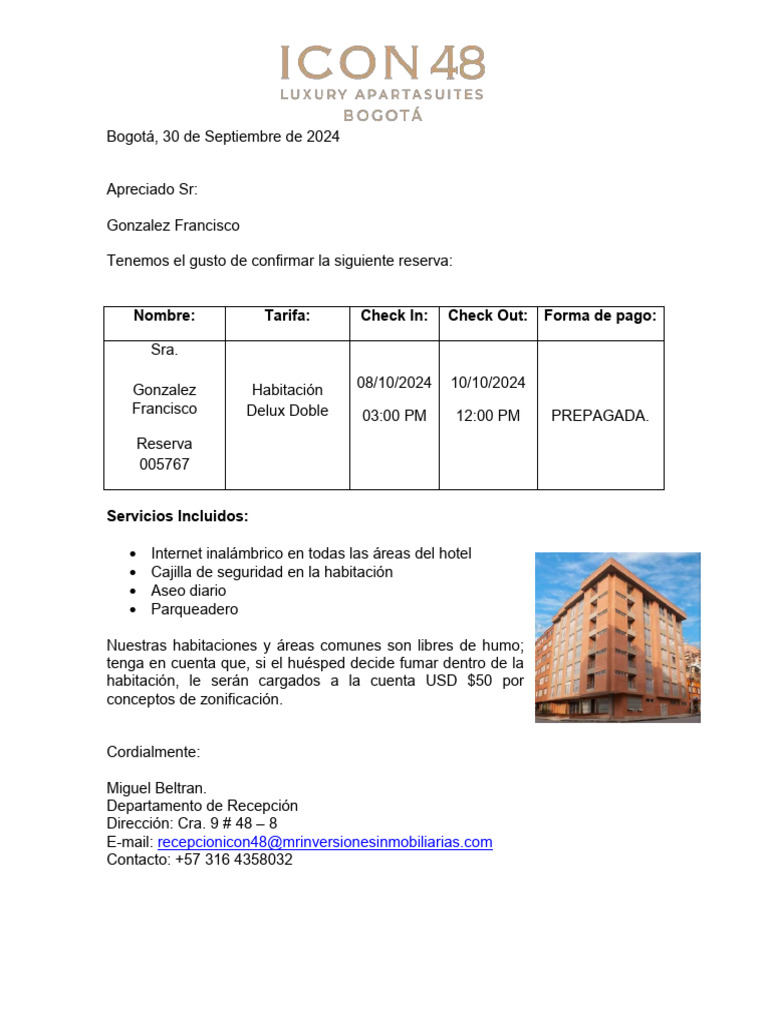 Reserva confirmada en hotel Bogotá | PDF