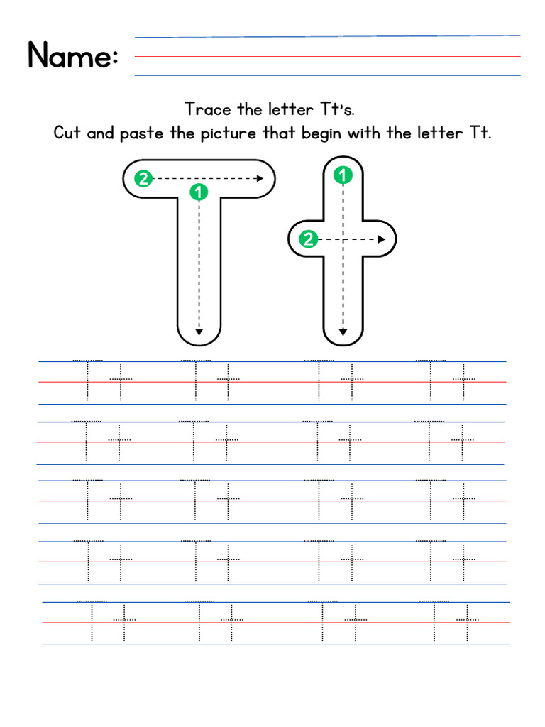 Colourful Trace, Cut and paste letter Tt Worksheet | PDF
