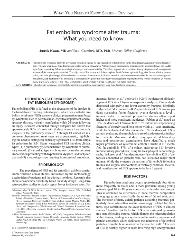 Fat Embolism Syndrome After Trauma: What You Need To Know | PDF ...