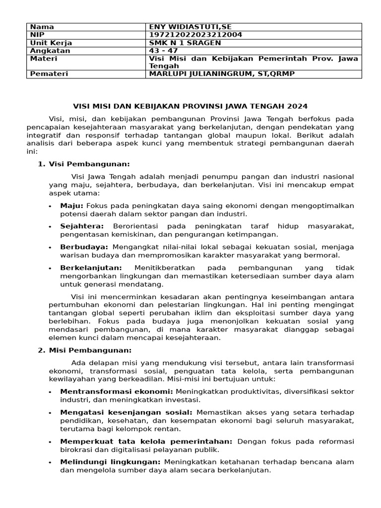 Tugas Resume Visi Dan Misi - Dan Kebijakan Prov. Jateng - Eny Widiastuti, Se | PDF
