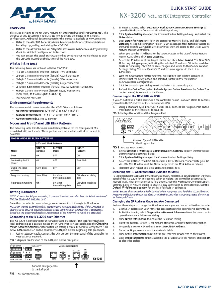 Quick Start Guide Nx 3200 Netlinx Nx Integrated Controllers | PDF | Ip Address | Computer Network